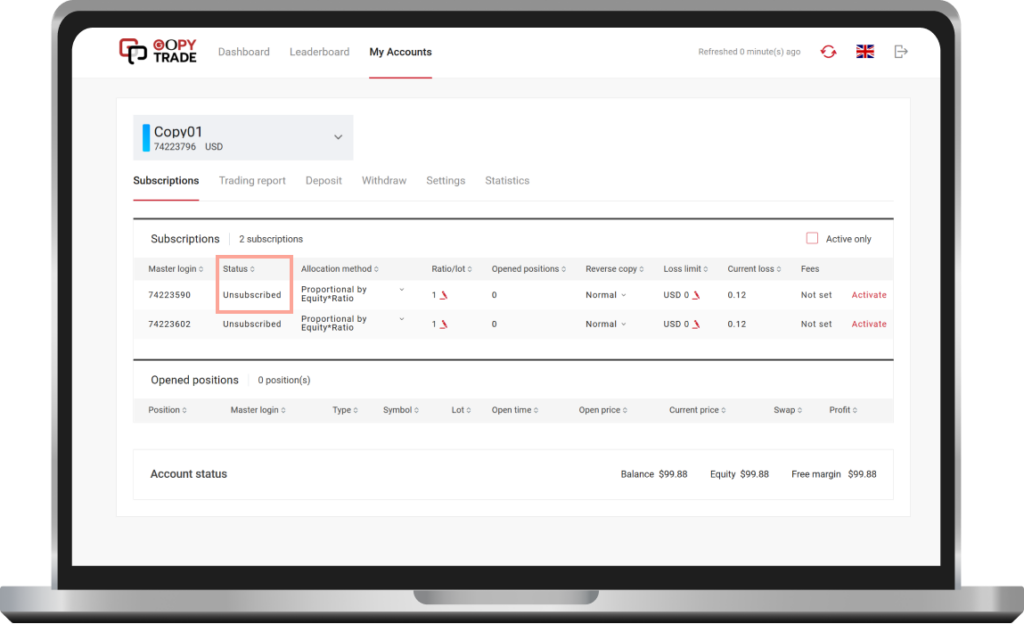 How to setting the ratio and unsubscribe for Copy Trade